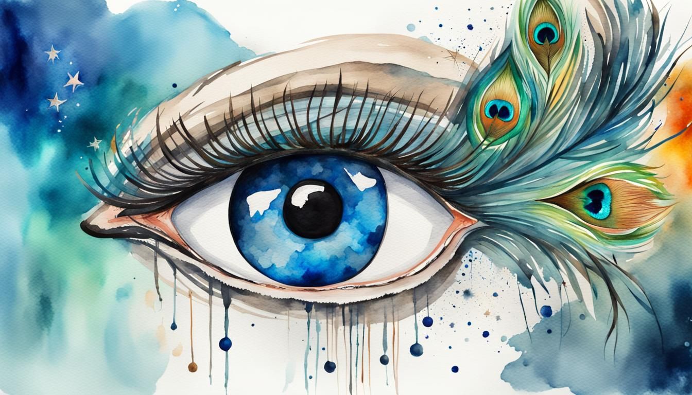 Watercolor, sidereal space, in the center a peacock feather and a ...