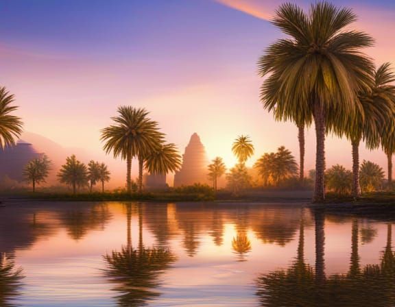 river Nile scene before sunset 8k/tall palm reflections .detailed matte ...