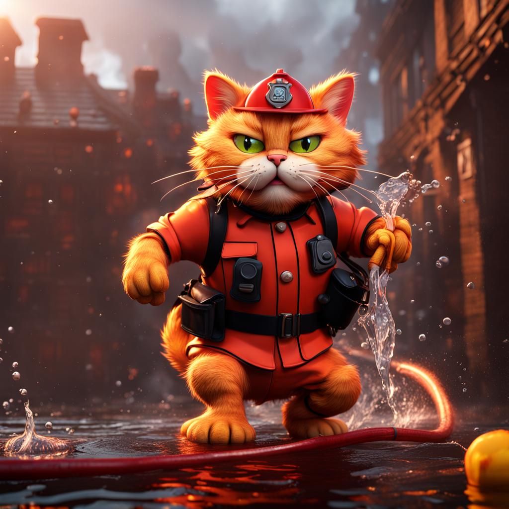 Garfield cat fat orange face side firefighter red water fighting fire ...