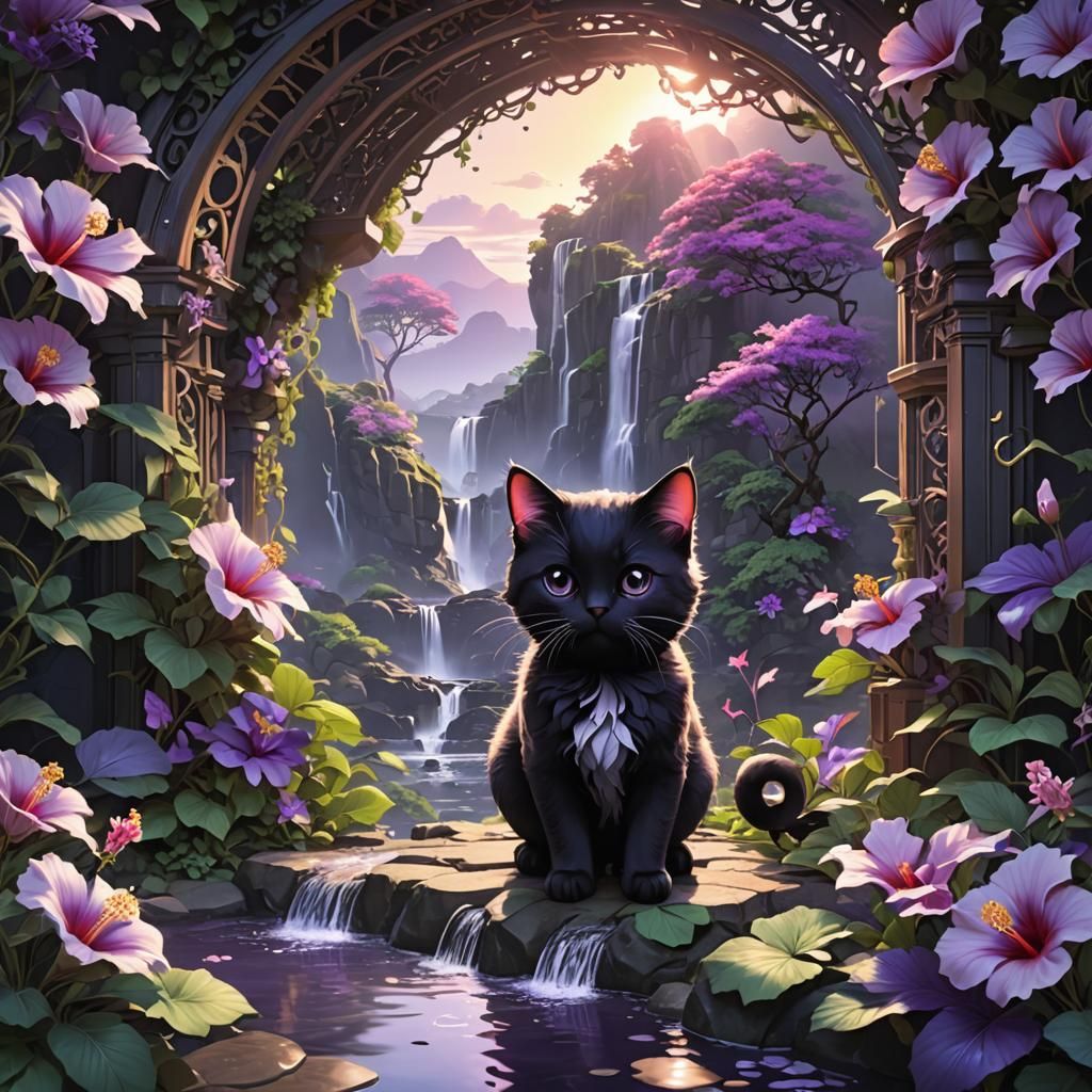 Sunrise landscape waterfall filigree iridescent hibiscus purple black ...