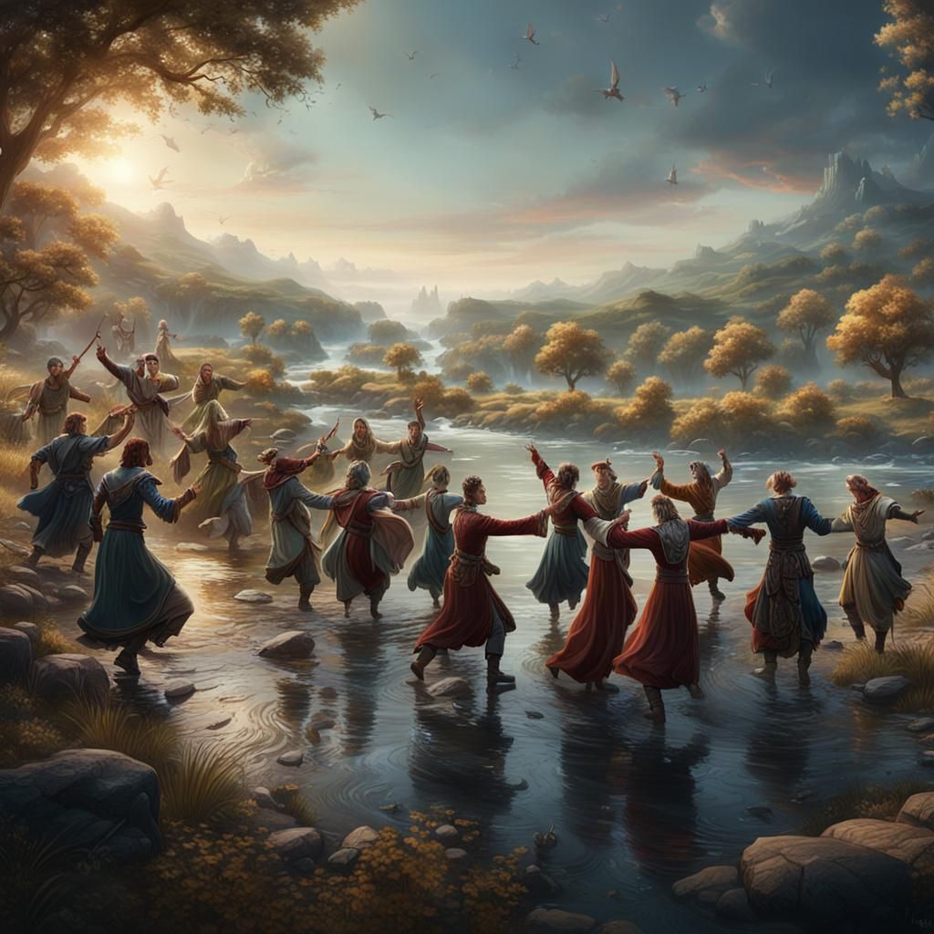 ten people dancing a Hanter-Dro near a river. - AI Generated Artwork ...