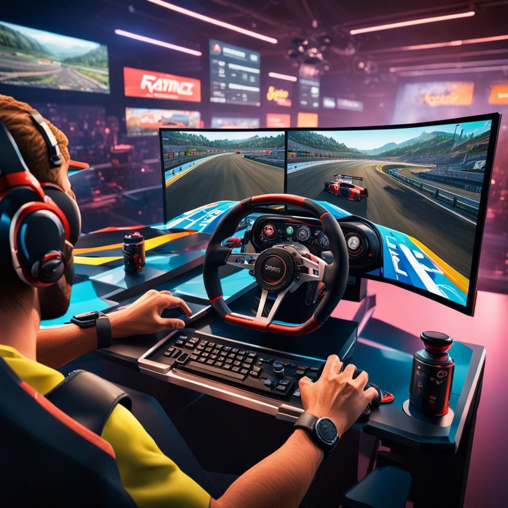 A simrace PC player playing a car race pc game showing himself and the ...