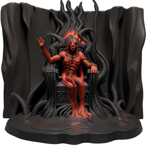 eldritch horror god in hell on throne with lava flowing around and down ...