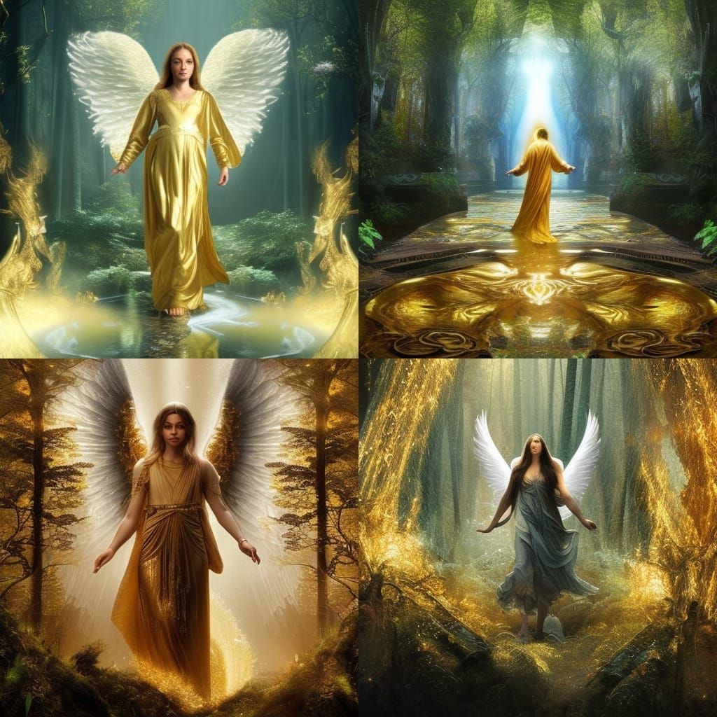 angel of God in heaven, walking on gold floors through a forest flowing ...