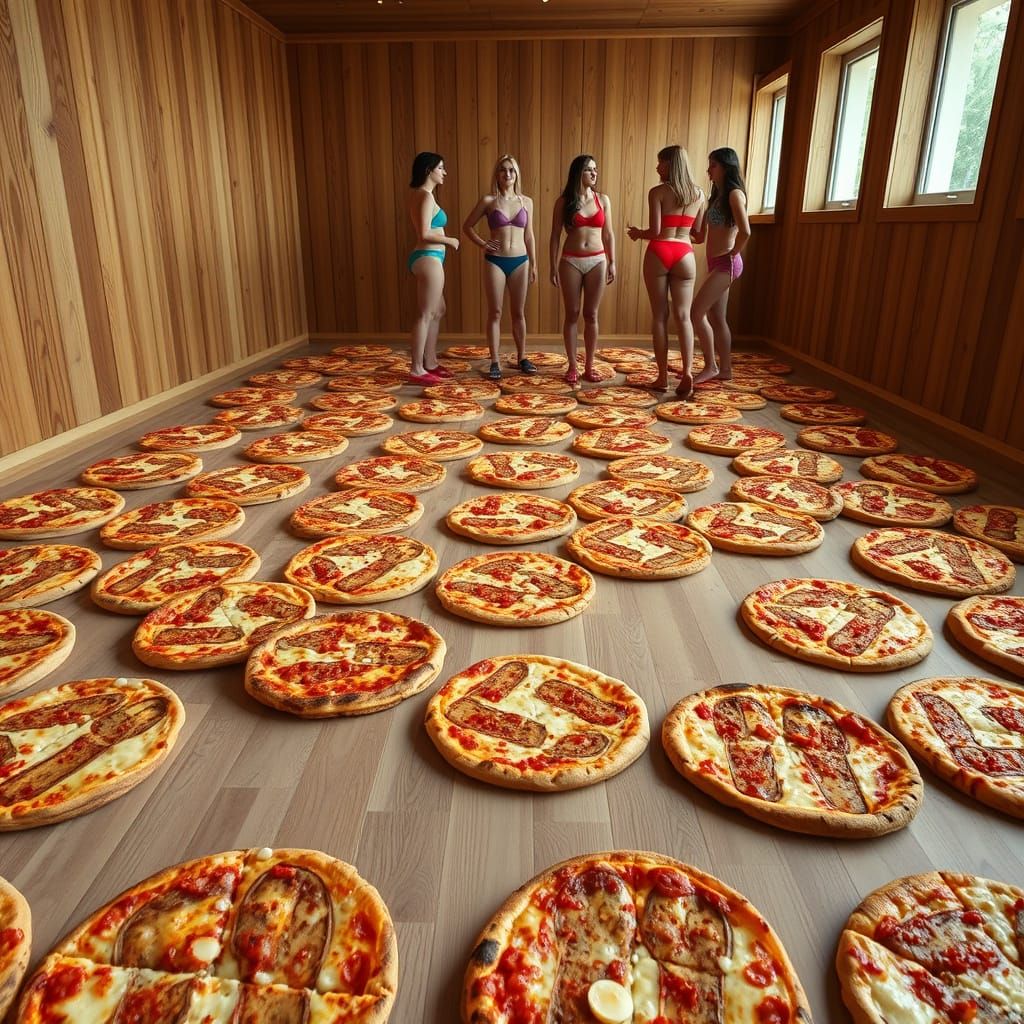 Most tasty pizza - Wooden Room Filled with Pizzas and Women ...