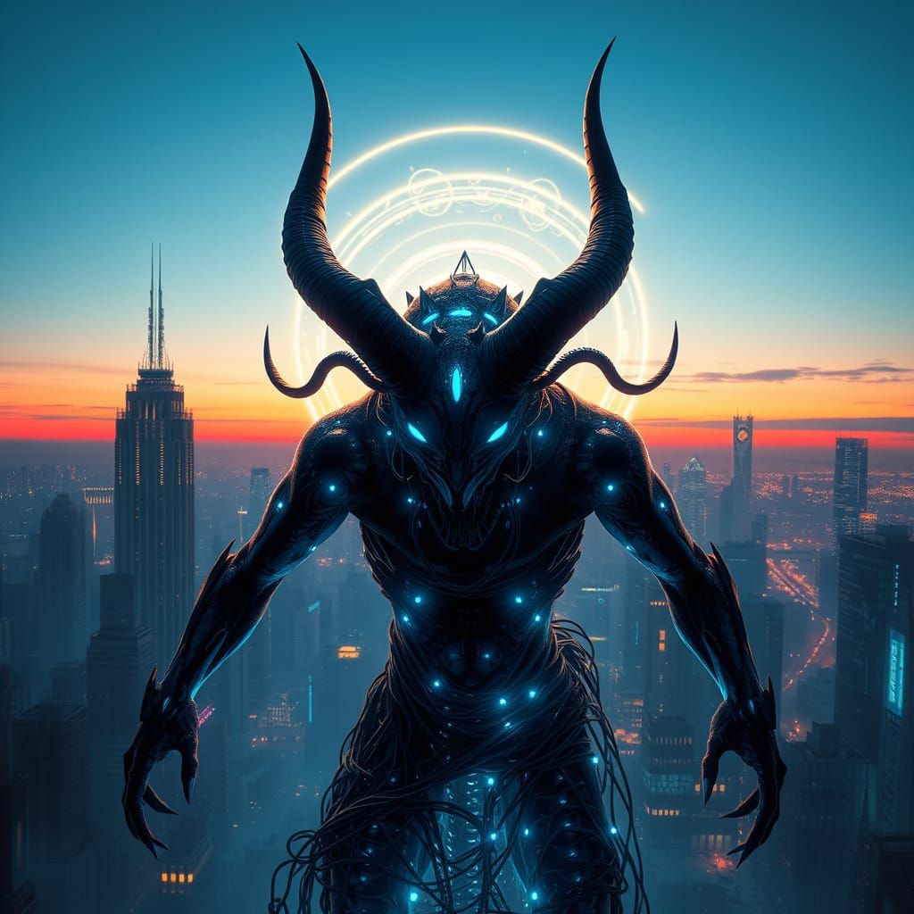 Digital Demon - Cybernetic Demon in Dystopian Cityscape