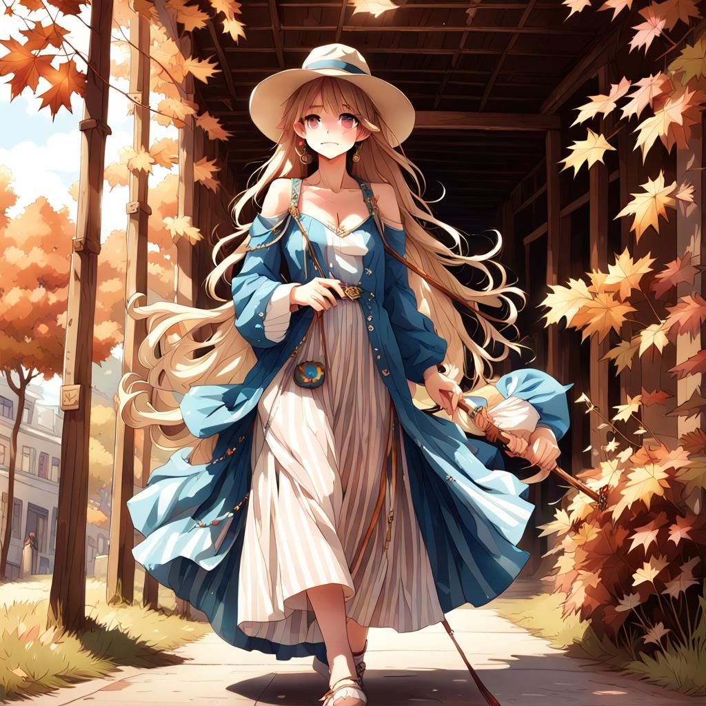 1girl, bag, blue gemstone, braid, large bosom, brooch, brown bag, full ...