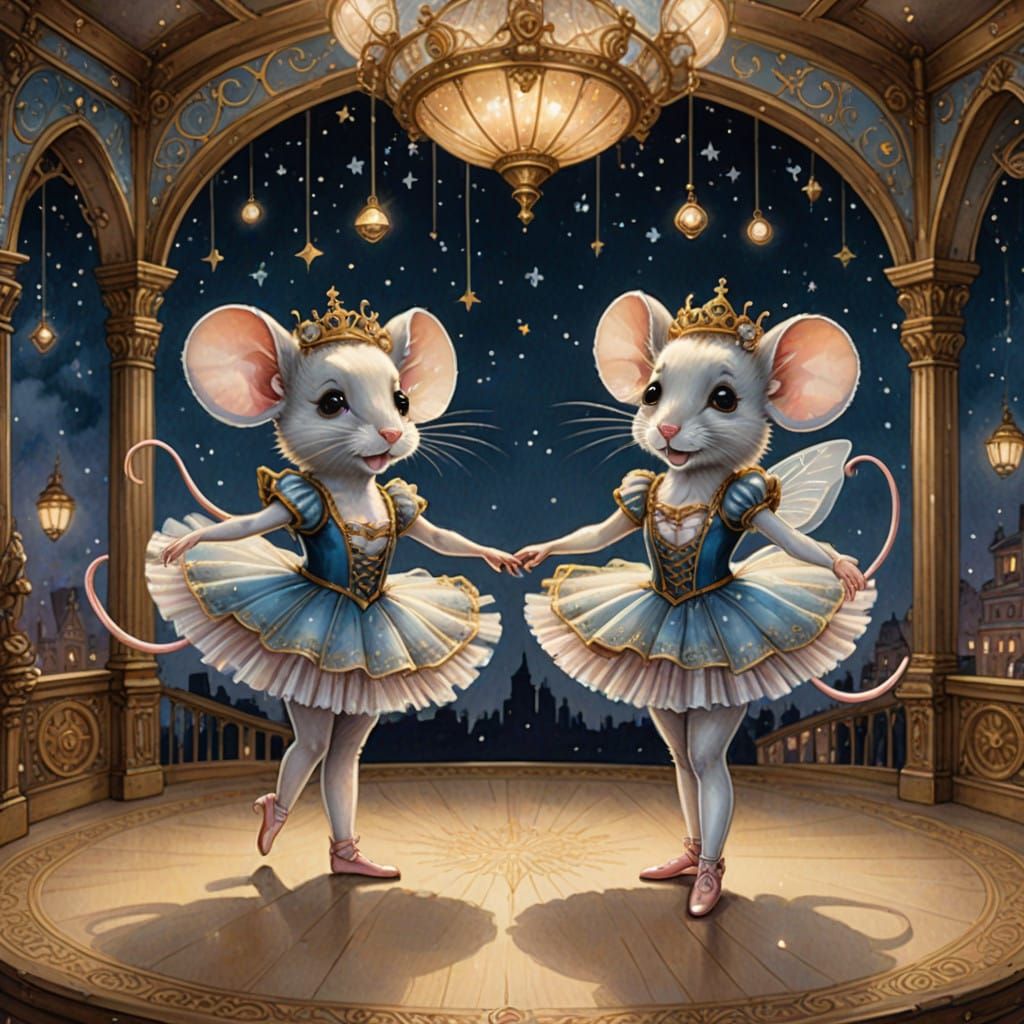 pastel color mice ballerinas in a pas de quatre on a tiny stage under a ...