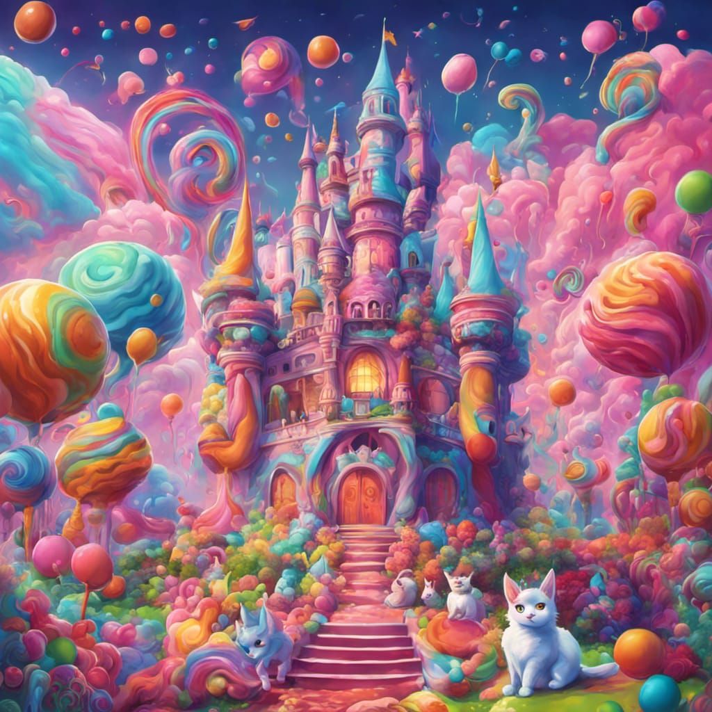 Psychedelic fantasy castle with a unicorn chasing a cat Candy art style ...