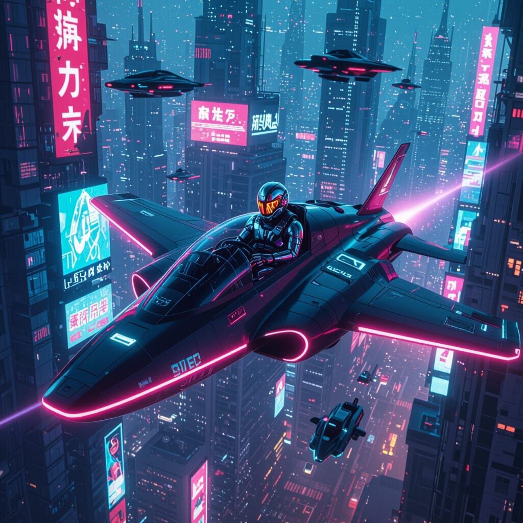 Futuristic Aircraft Soaring Through Cyberpunk City... - AI Art