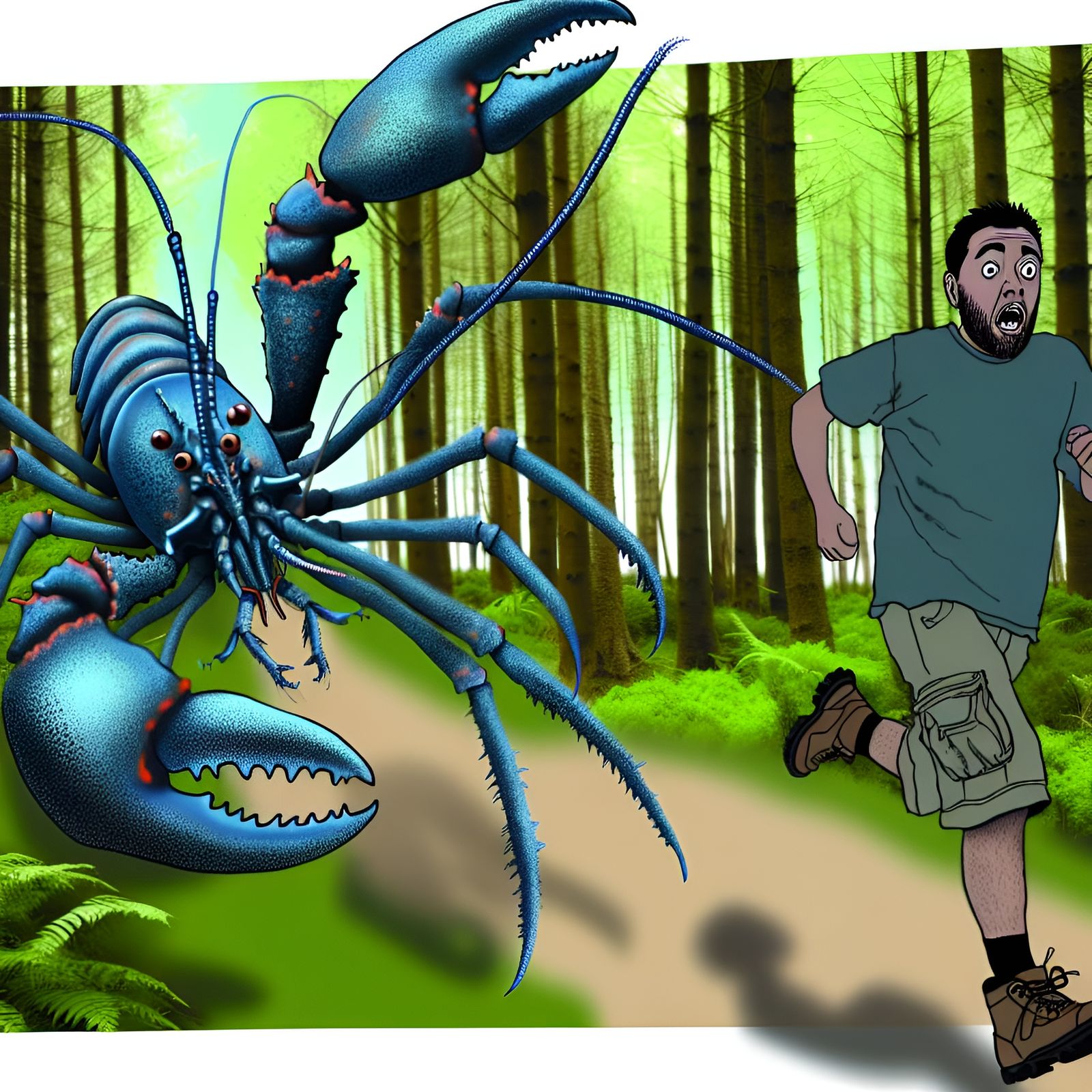 A lobster creature chasing a human in the woods - AI Generated Artwork ...
