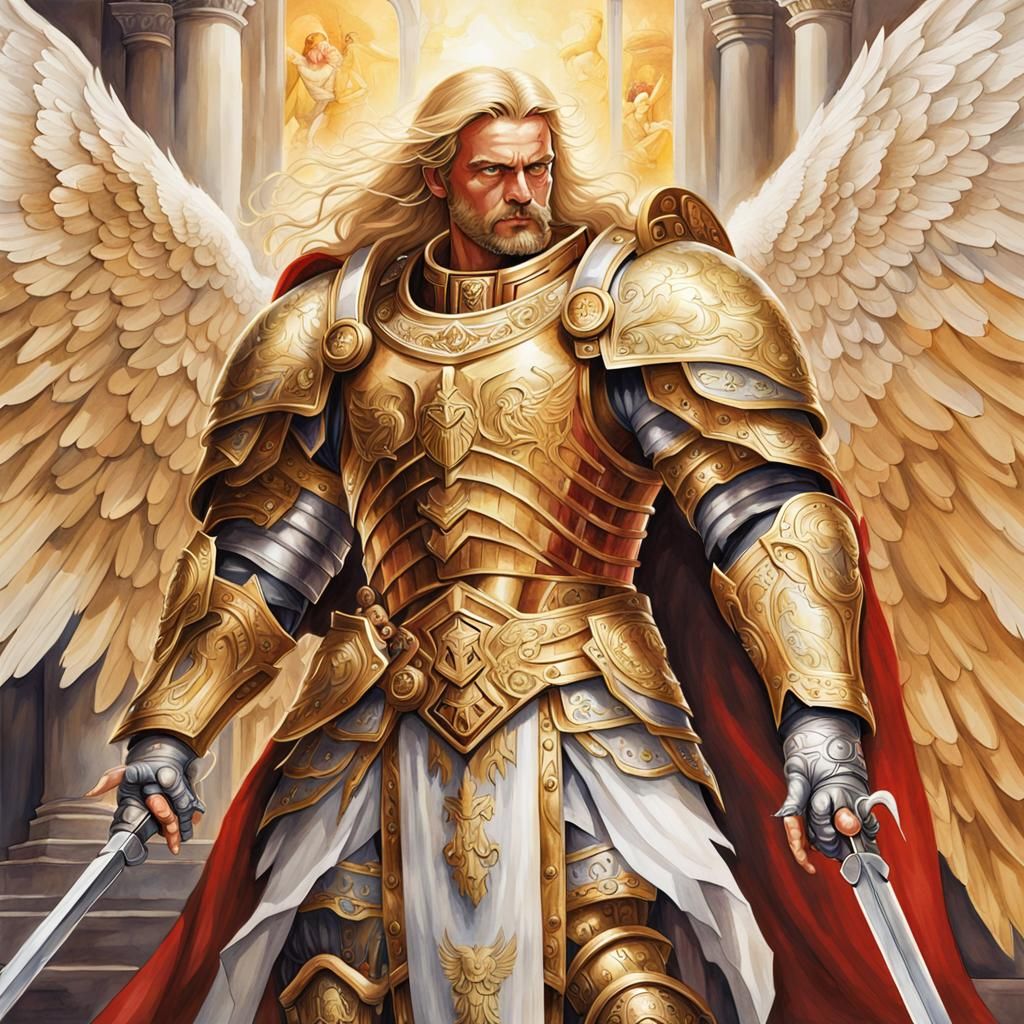 Watercolor painting of Sanguinius. White angel wings, long blonde hair ...