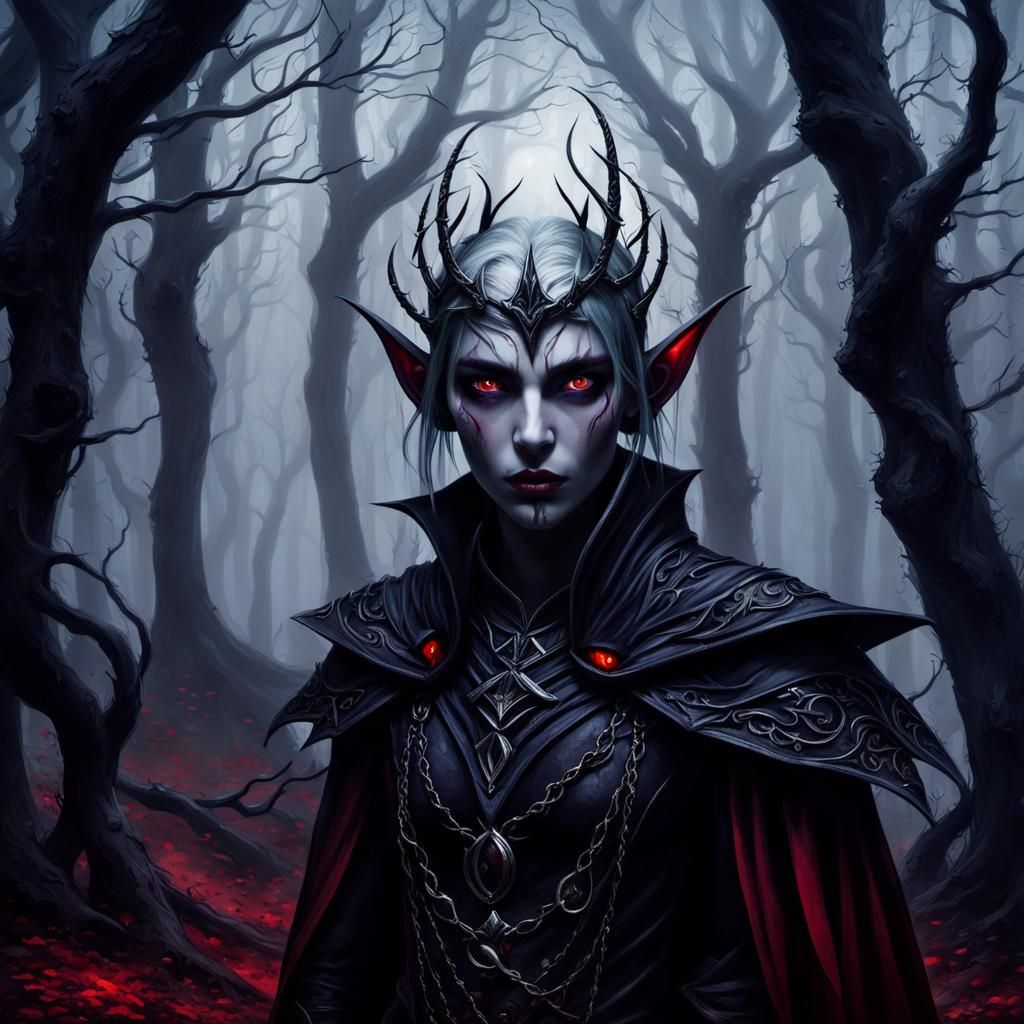 Dark elf, creepy portrait, in a haunted forest, surrounded by twisted ...