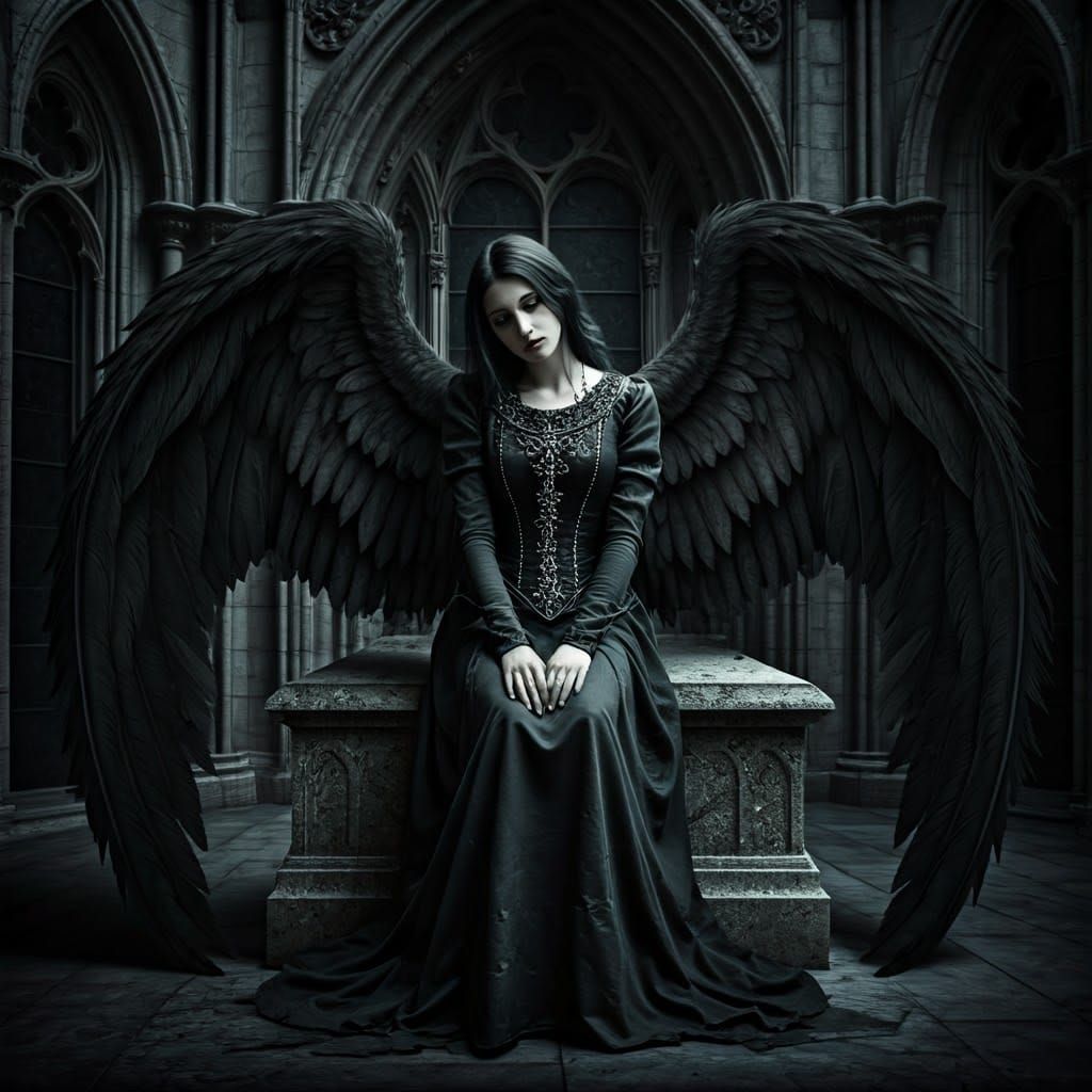 Gothic Angel - Melancholic Gothic Angel with Dark Marble Win...