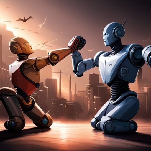 Two robots fighting with arms extended. Background is a metal shop. Hyperrealistic, splash art ...