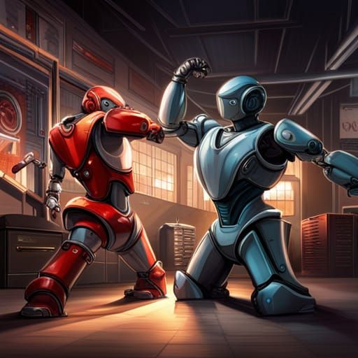 Two robots fighting with arms extended. Background is a metal shop. Hyperrealistic, splash art ...