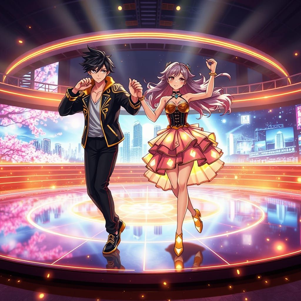 Anime Dance Duo in Neon Cyberpunk Style - AI Art
