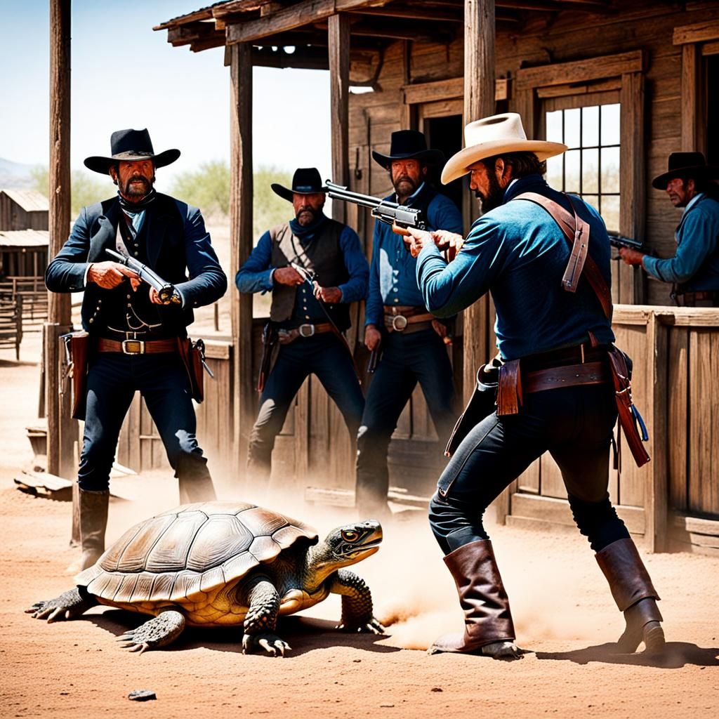 A turtle at the gunfight at the OK Corral with cowboys pointing guns at ...