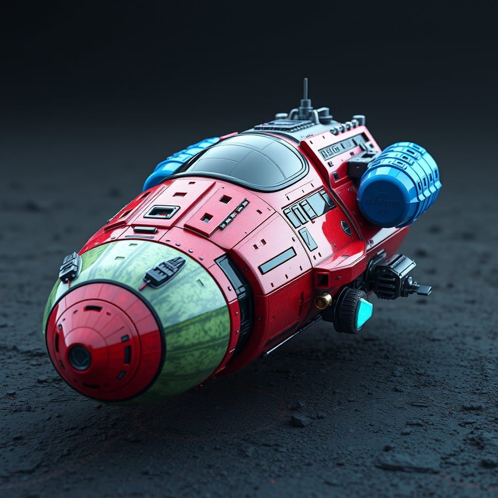 Cyberpunk Watermelon Spacecraft with Blue Thruster... - AI Art