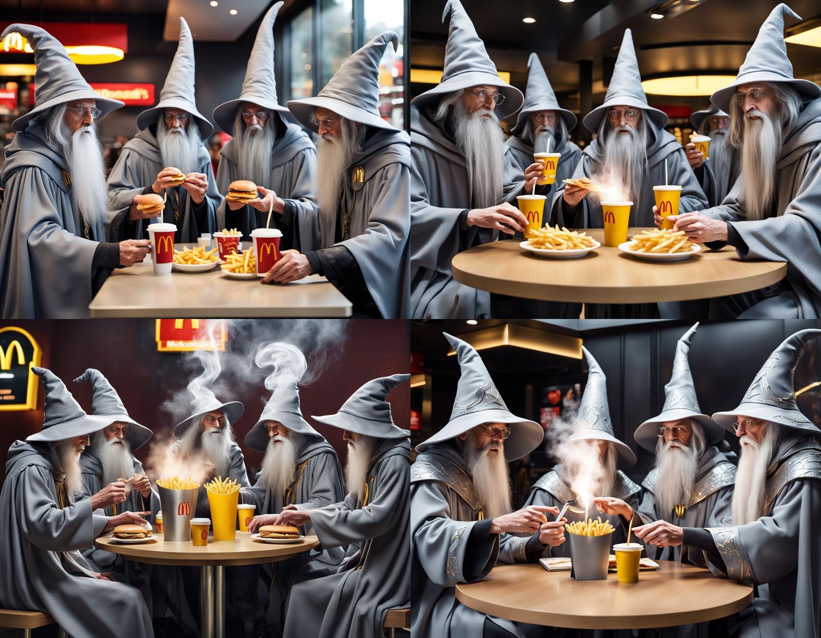 a group of grey wizards using magic in a MacDonalds - AI Generated ...