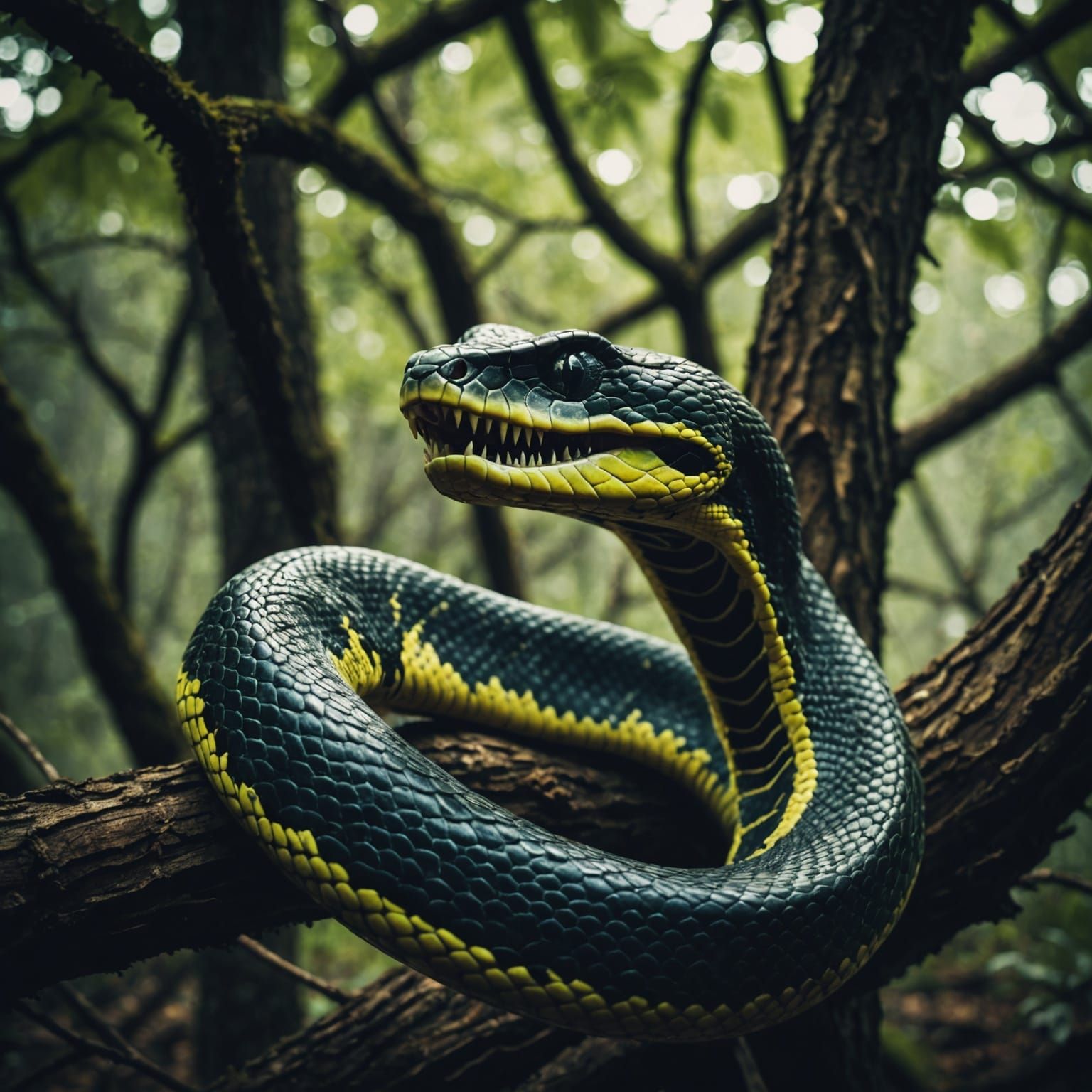 a fierce snake slithering in a tree Cinematic film still, shot on v ...