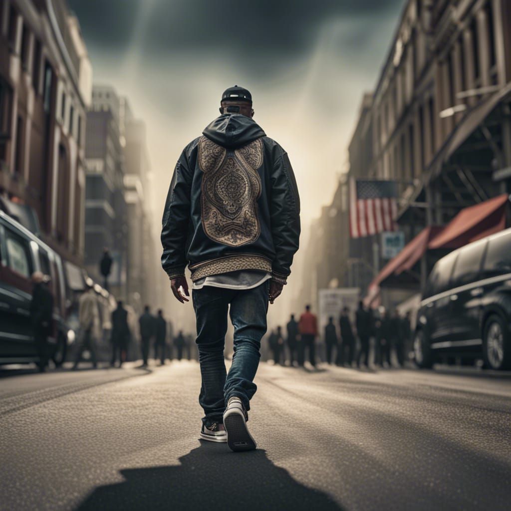 street - Hyperrealistic Rapper Walks Down Busy Street