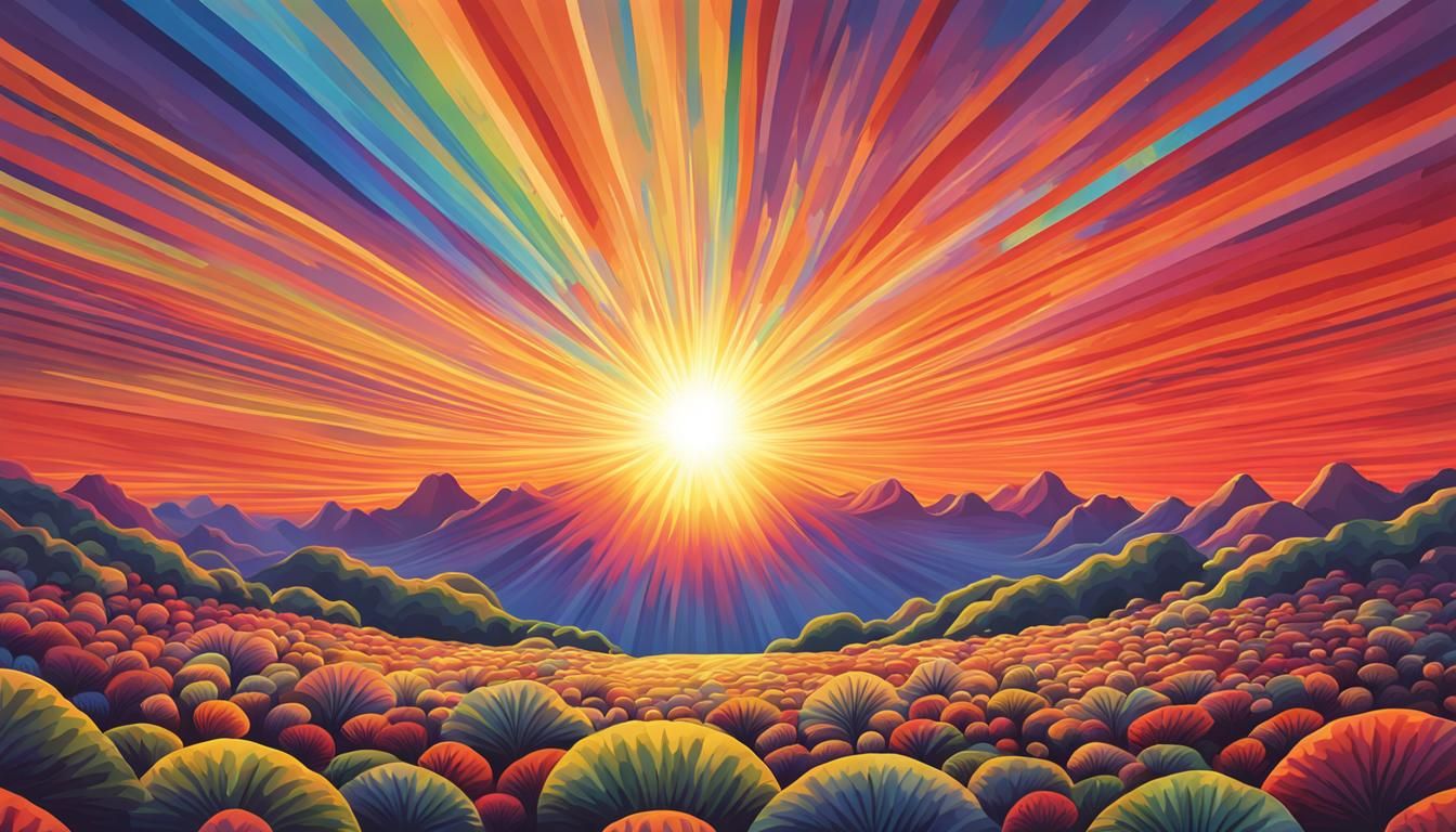 psychedelic sunrise, flat surface below, above a range of different ...