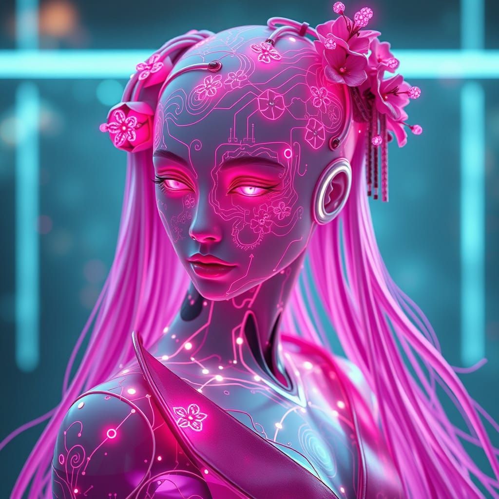 A mystical, cyberpunk geisha robot with glowing, fiber-optic hair and ...