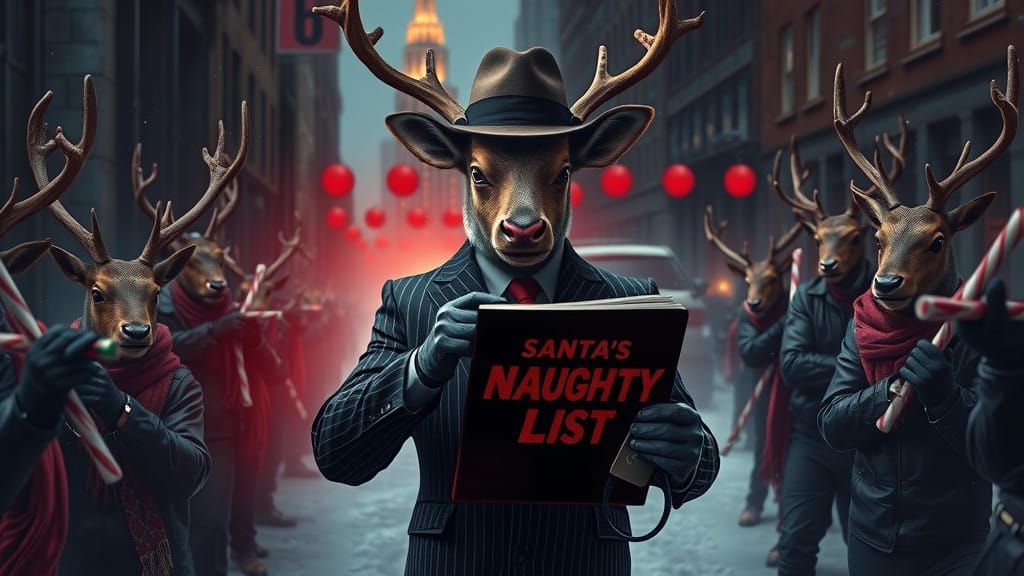 Menacing Rudolph Leads Reindeer Mafia in Dark, Sno... - AI Art