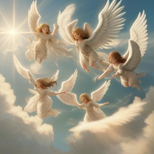 A group of Angels swooping down heavenly sunshine beams divine bright ...