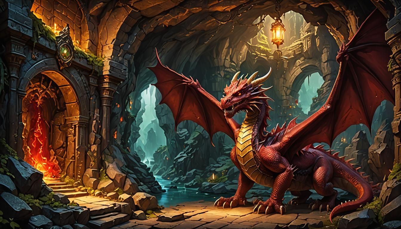 A hidden cave of a dragons lair where one huge crimson dragon is inside ...