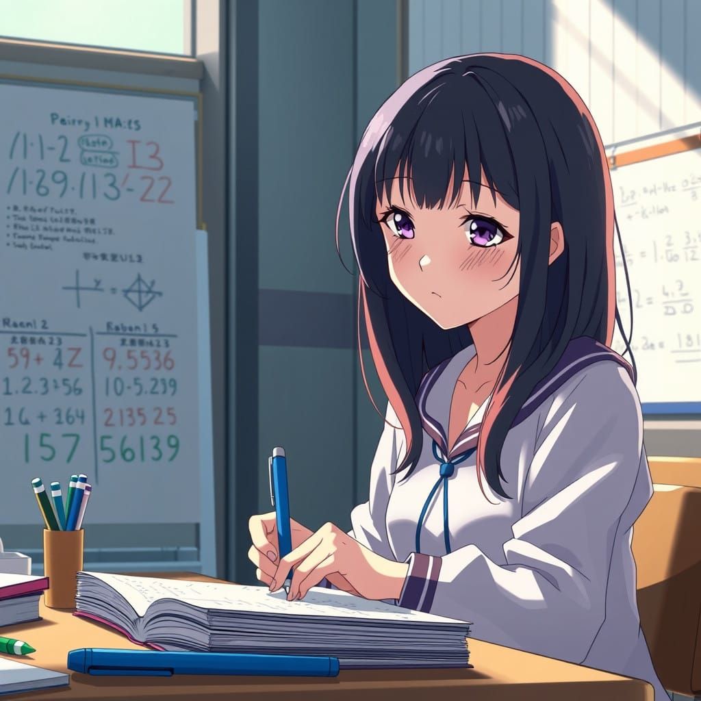 Anime Schoolgirl Studies Math in Studio Ghibli-Ins... - AI Art