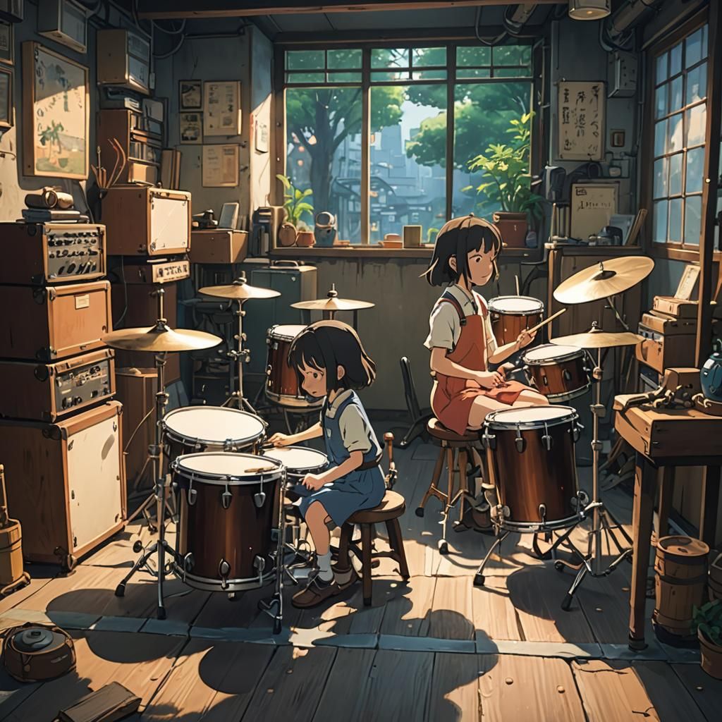 two young girls playing drums (anime) - AI Generated Artwork ...