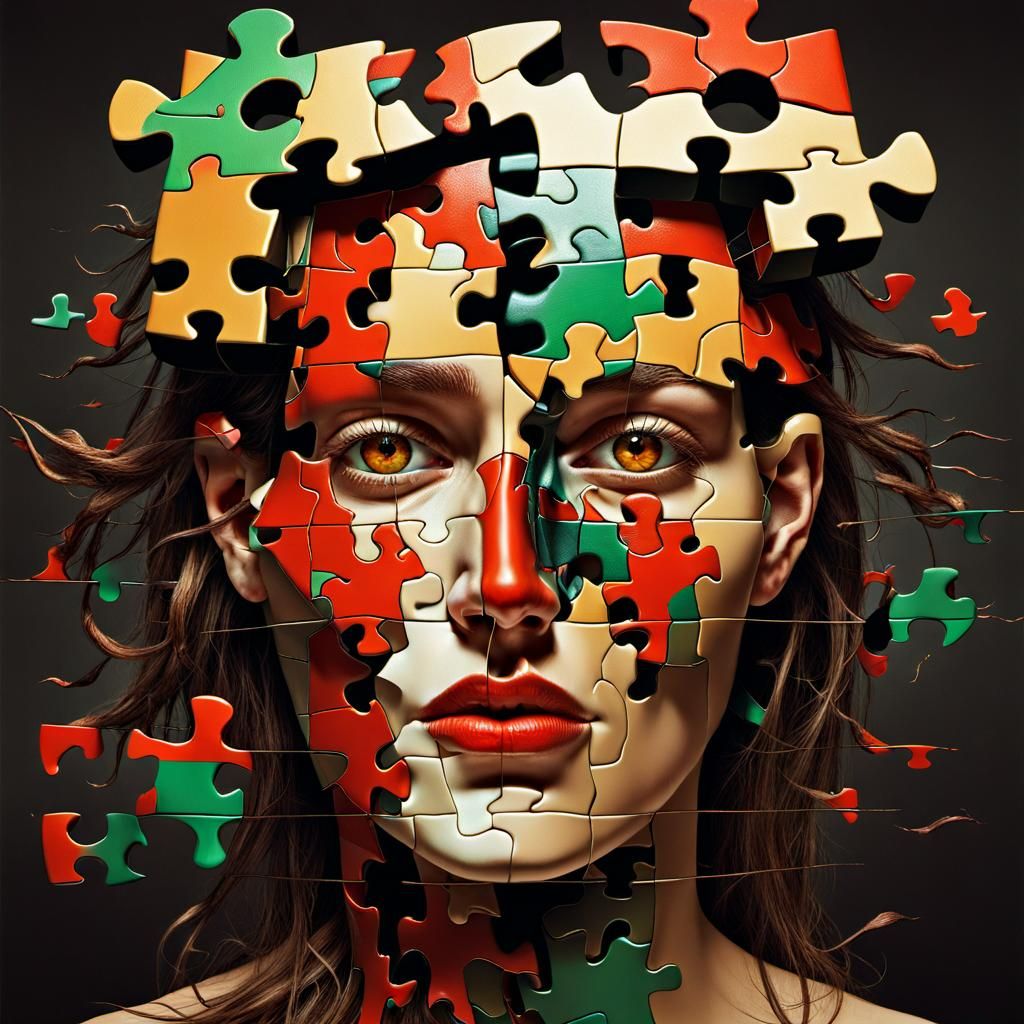 Distorted and fragmented face composed of irregular puzzle pieces ...
