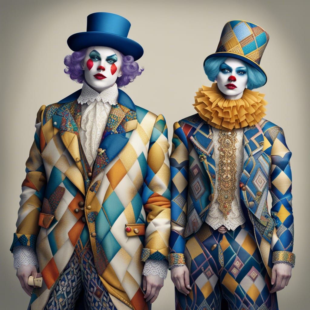 "Two stunningly beautiful, soft white-faced modern clowns, one male ...