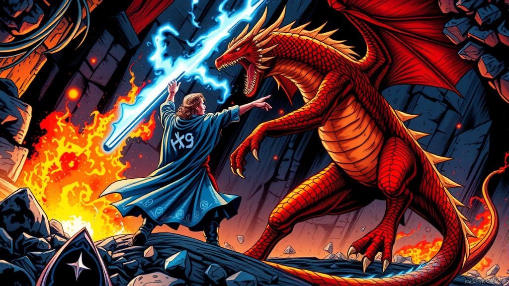 Epic Sorcerer vs Towering Dragon in Cyberpunk Fant... - AI Art