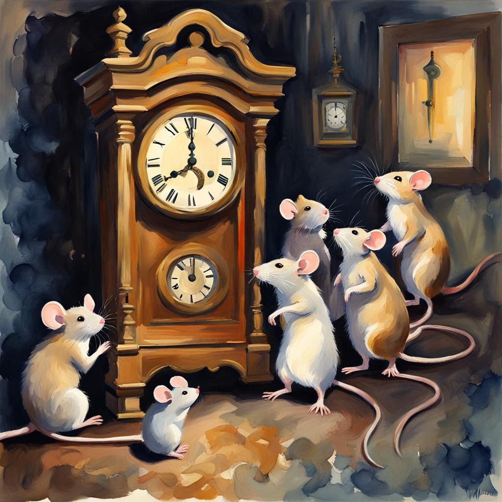Night, a family of mice looking up at a grandfather clock waiting for ...