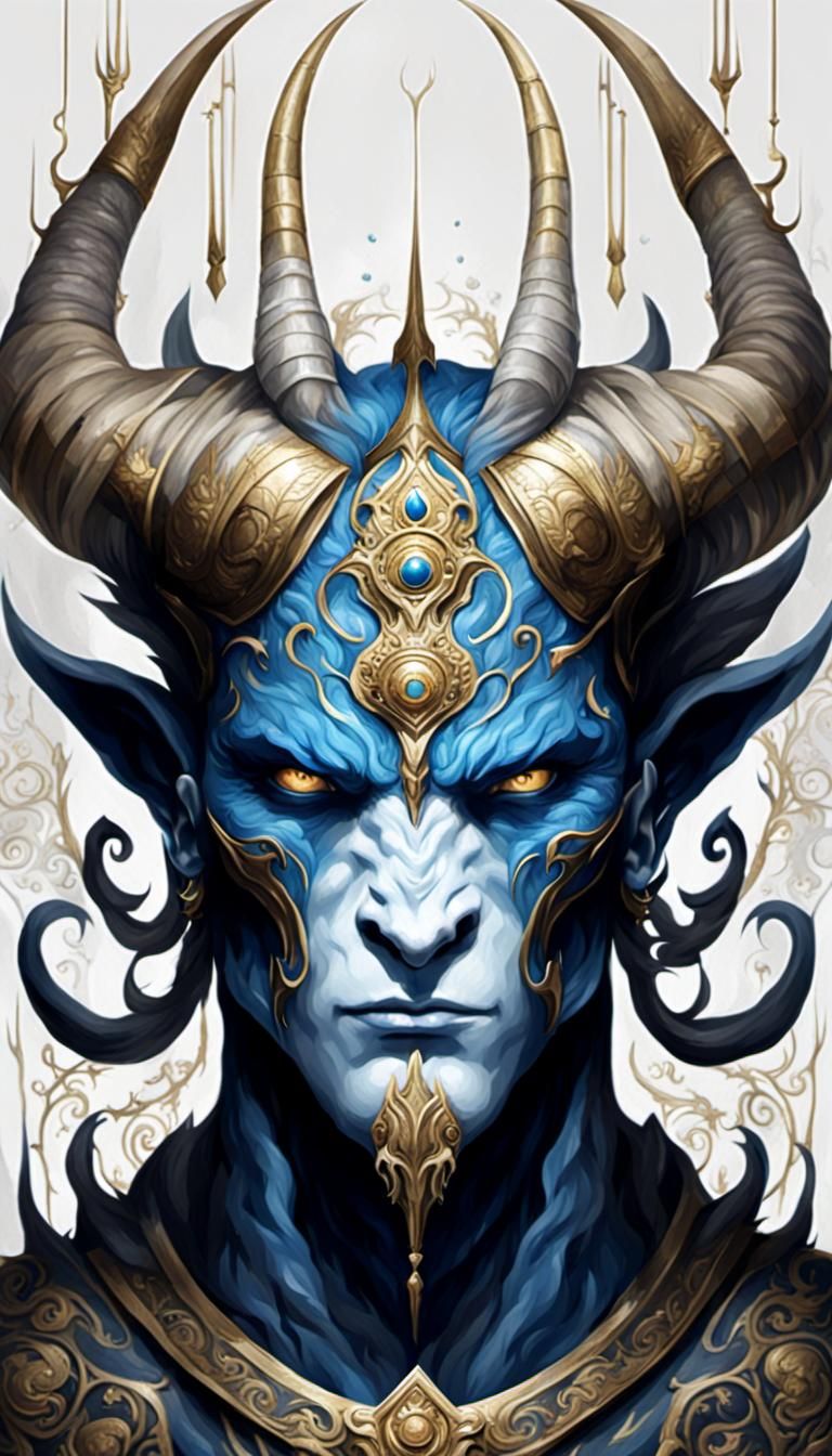 a dark god with horned face and blue skin, in the style of dark white ...