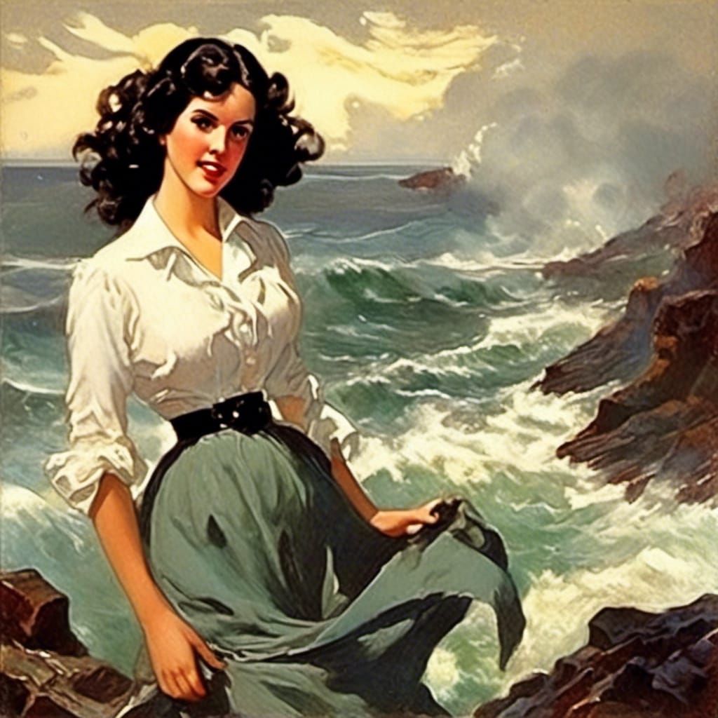 collared white button-down blouse, gray skirt, standing with arched ...