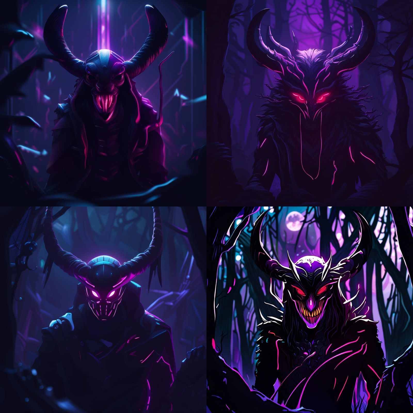 black, purple, white, red deep dark creepy forest with glimpse of ...
