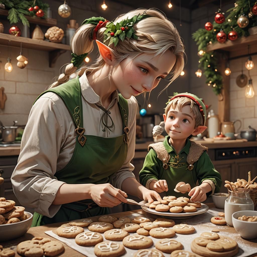 Mother elf making cookies with her son - AI Generated Artwork ...