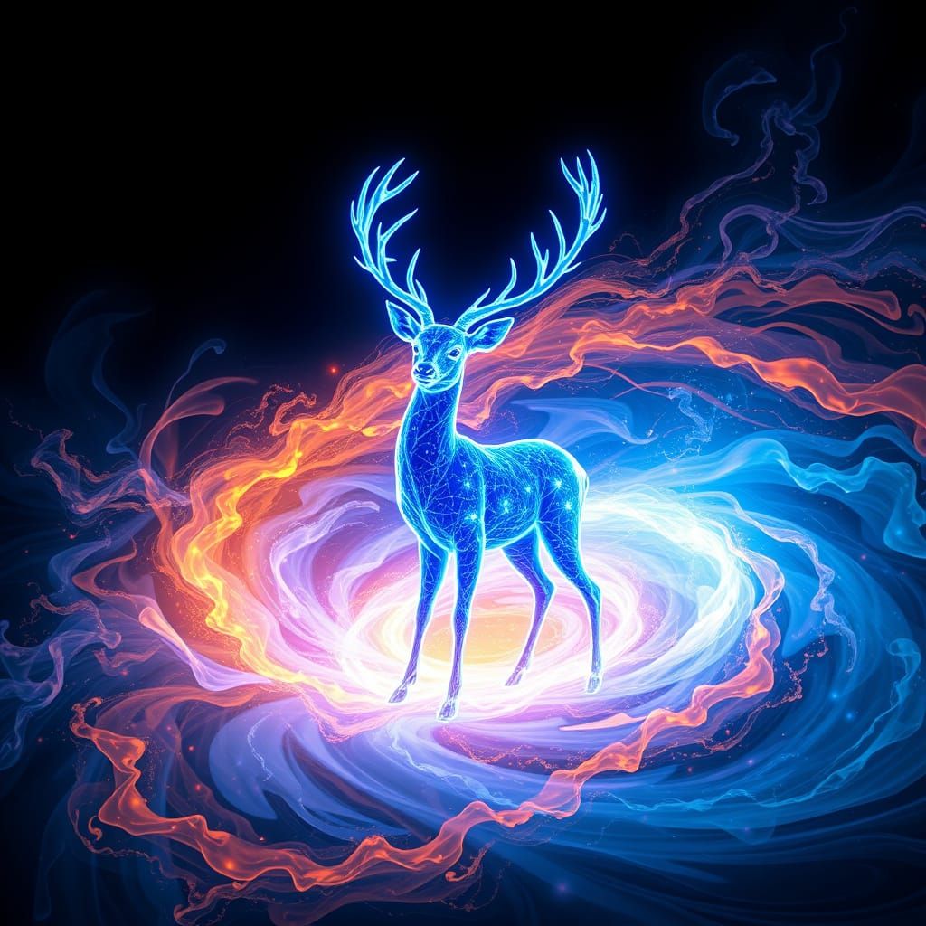 Electric Blue Deer in a Swirling Cyclone of Elemen... - AI Art