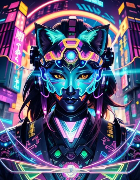 (masked robot magical fox with cyber protective mask, many demon ...