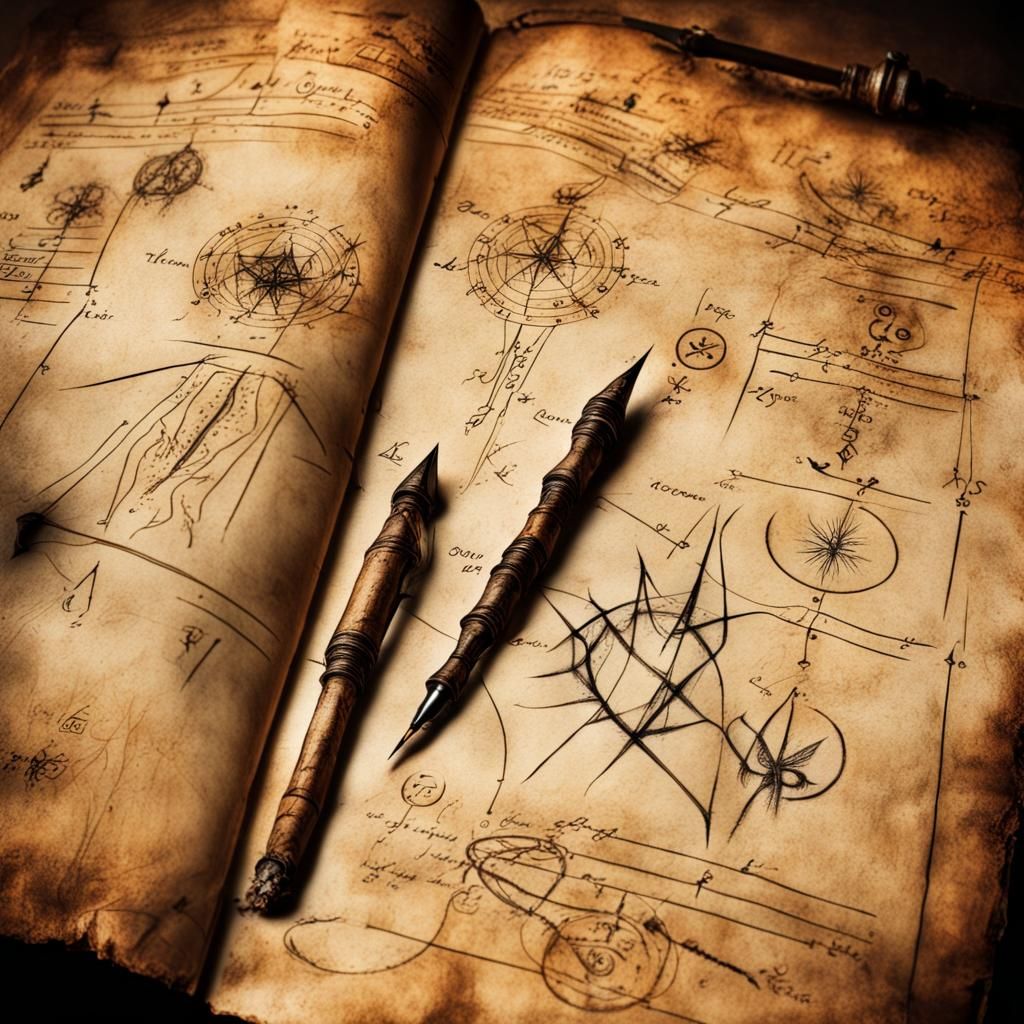 Pages from the Necronomicon Aged parchment pages quill pen arcane ...
