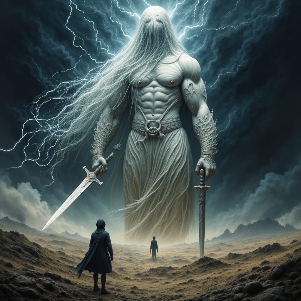 Godlike Figure Dominates Barren Landscape with Lig... - AI Art