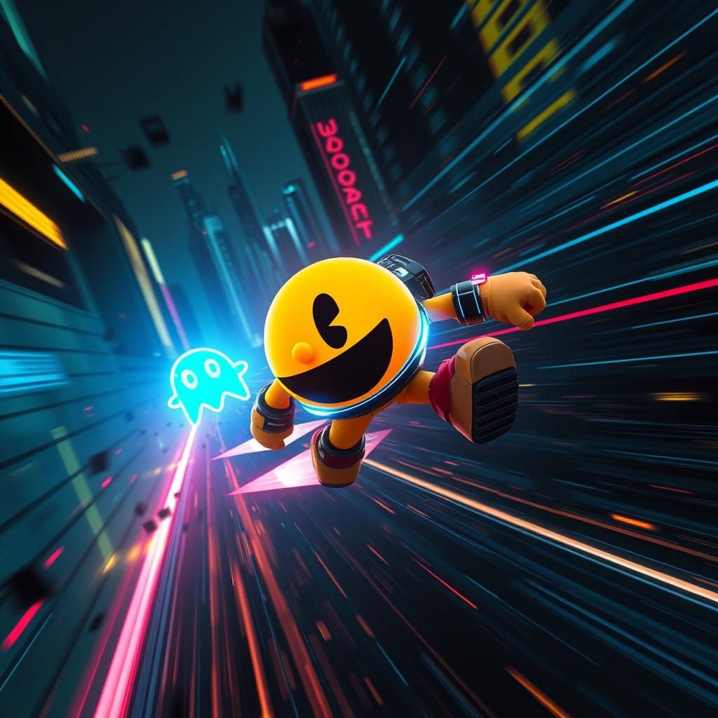 Sleek Pac-Man in Neon-Lit Tron-Inspired Cityscape - AI Art
