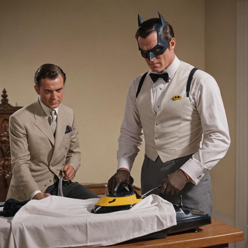 Terry Thomas as Batman's Butler Alfred ironing the batman suit as Bruce ...