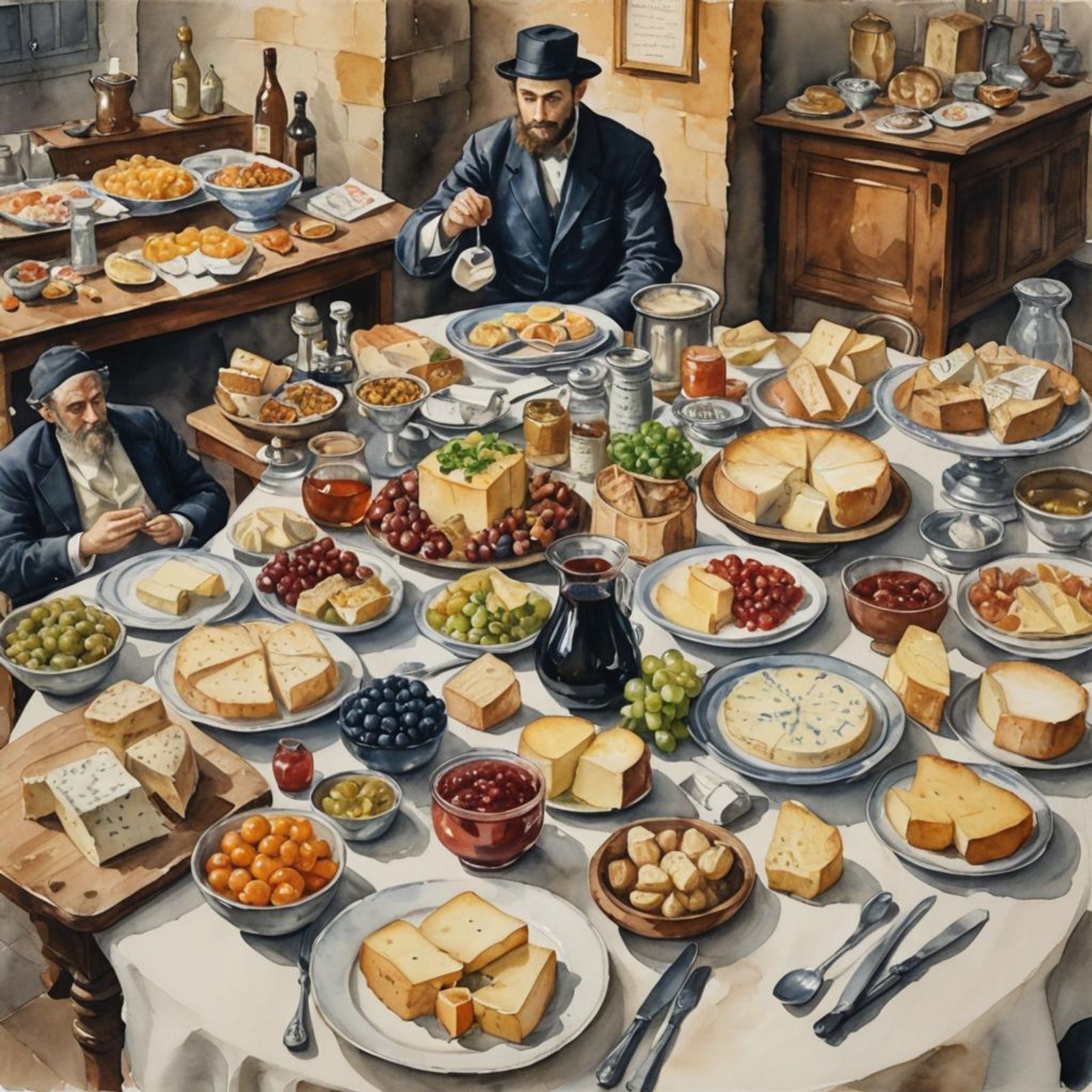 A watercolor painting of a table set with dairy foods, cheeses and ...
