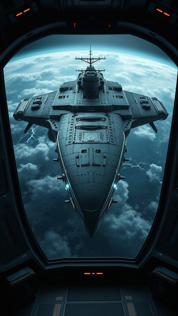 A massive spaceship's viewscreen displays a colossal flying battleship.