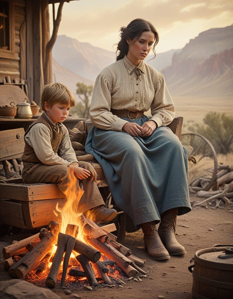 Western Family Gathered Around Campfire, Covered W... - AI Art